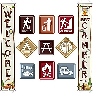 Camping Themed Party Decorations Set, Big Size Laminated Camping Sign Cutouts, Camping Party Banner Welcome Porch Sign for Camping Themed Birthday Baby Shower Decorations