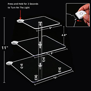 TANGSHUO 3 Tiers Square Acrylic Cupcake Stands with Rechargeable LED Light, Clear Cupcake Tower - Dessert Tower - Cupcake Tier Stands for Weddings, Anniversaries, Baby Showers, Birthday Parties