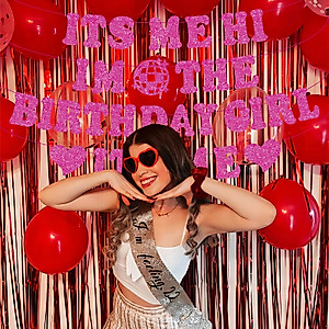 Pre-Strung Its Me Hi Im the Birthday Girl Its Me Banner, NO-DIY Popular Singer Happy Birthday Banner Hot Pink Glitter Birthday Decorations Banner for Fans Girls Women Birthday Party