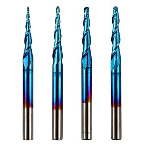 Genmitsu 4pcs 2-Flute Tapered Ball Nose End Mills Tungsten Carbide Cutter with Nano Blue Coat, R0.25-1.0, 1/8” Shank, TB04A
