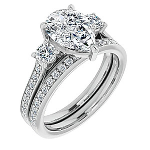 Solitaire Moissanite Engagement Ring Set 3 CT Pear Cut Moissanite Bridal Wedding Ring Set for Women Her VVS Colorless (925 Silver (White Gold Plated))