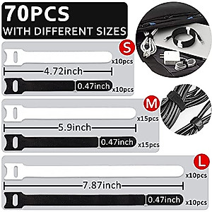 70pcs Computer Cable Ties, Wire Ties, Cord Ties Reusable for Electronics, Hook and Loop Microfiber Cable Ties Extension for Storage, Black and White, 4, 6, 8 inch