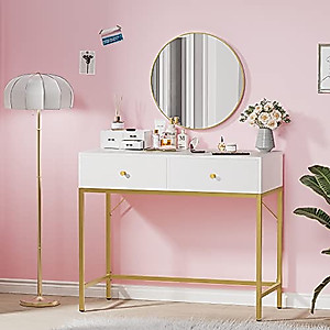 SUPERJARE Vanity Desk with 2 Drawers, Makeup Table with Golden Legs, Dressing Table for Bedroom, Computer Desk Wirting Console Table, Adjustable Feet, Metal Frame - White and Gold