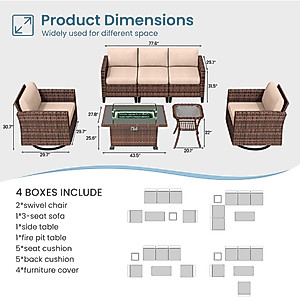 Amopatio Patio Furniture Set with Fire Pit Table, Outdoor Furniture Sectional Sofa with Swivel Chairs, Modern Conversation Sets for Balcony Backyard, Beige（Include Waterproof Covers ）
