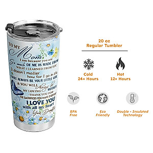 64HYDRO 20oz Daughter to Mom Birthday Gifts for Women, Mom, Friends, Valentines Day Gifts for Her, Inspirational Gifts Butterfly Daisy to Mom Tumbler Cup, Insulated Travel Coffee Mug with Lid