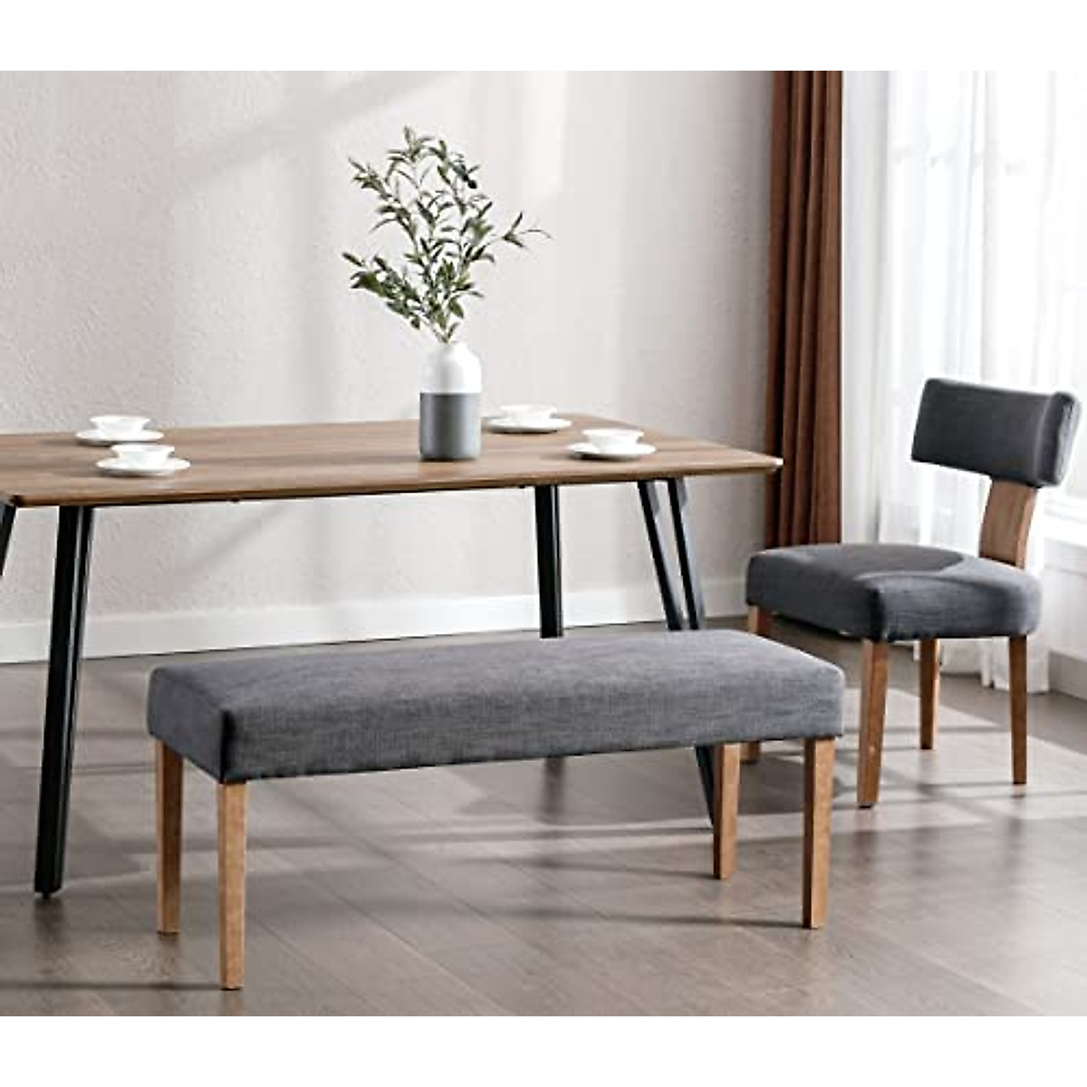 VESCASA Charcoal Linen Upholstered Dining Bench with Natural Wood Legs, 44.5" W Entryway Farmhouse Padded Bench for Dining Room, End of Bed, Kitchen, Living Room, 1 PC