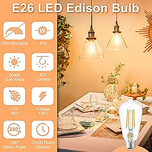 GOLSPARK Edison Bulbs 60 Watt Equivalent, E26 LED Bulb Soft White 3000K, 800LM, 6W 120V CRI85, E26 Base, ST58 Clear Vintage Light Bulbs for Living Room Dining Bathroom Vanity, Non-dimmable, 6 Pack