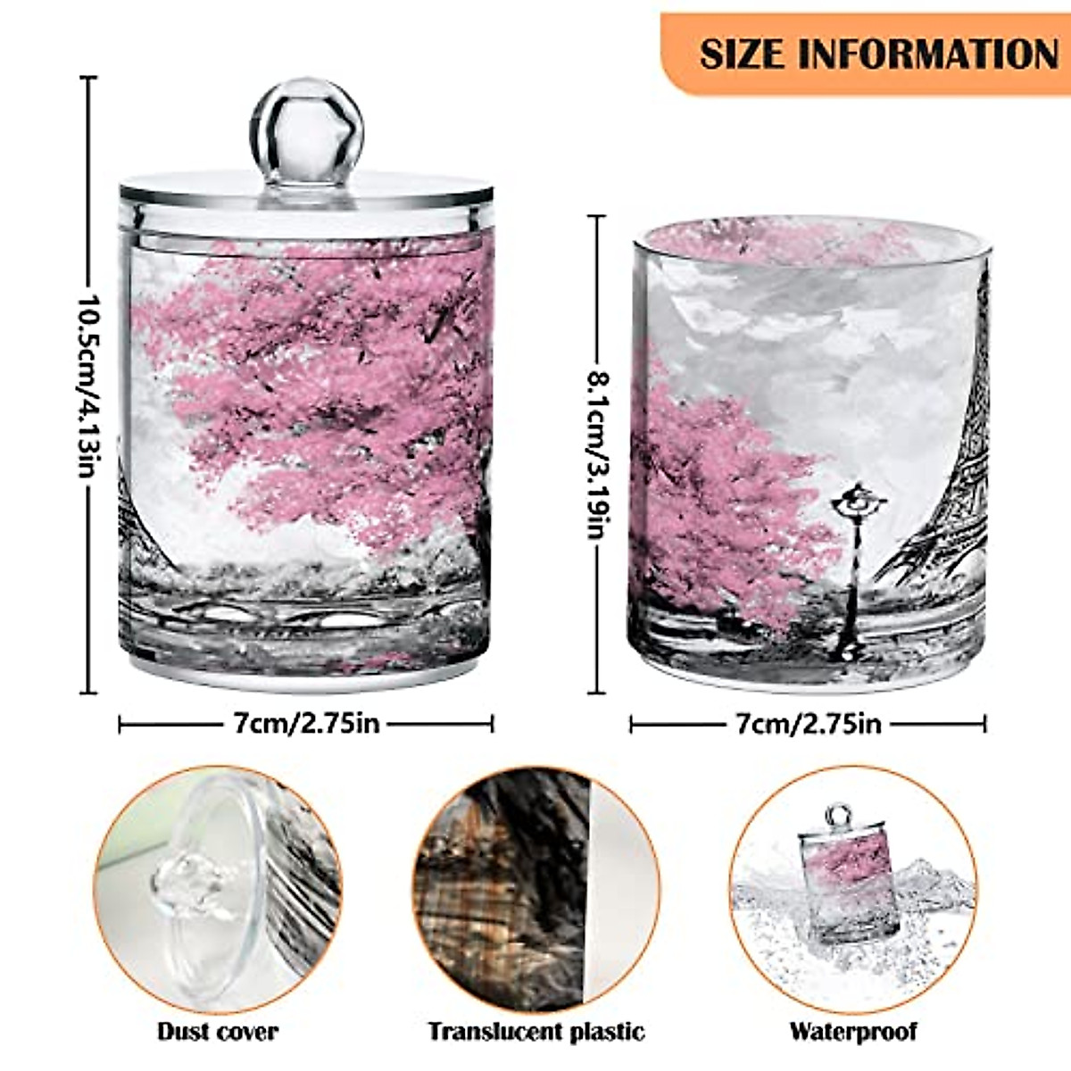 xigua 2 Pack Qtip Holder Dispenser Eiffel Tower Pink Tree 10 Oz Bathroom Organizer with Lids Storage Canister for Cotton Ball,Cotton Swab,Cotton Round Pads,Floss