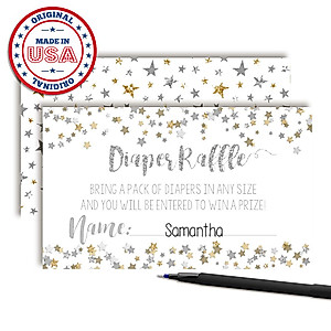 Amanda Creation Gold & Silver Twinkle Little Star Gender Neutral Diaper Raffle Tickets for Baby Showers, 20 2" X 3” Double Sided Inserts, Bring a Pack of Diapers to Win Favors & Prize