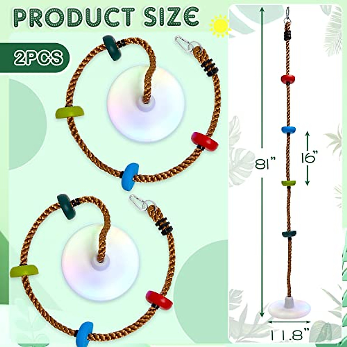 Meooeck 2 Pack LED Disc Climbing Rope Tree Swing with Platforms Disc Swing Seat with Hanging Strap Climbing Rope with Disc Swing Outdoor Playground Swing Set Accessories for Kids Backyard Playground