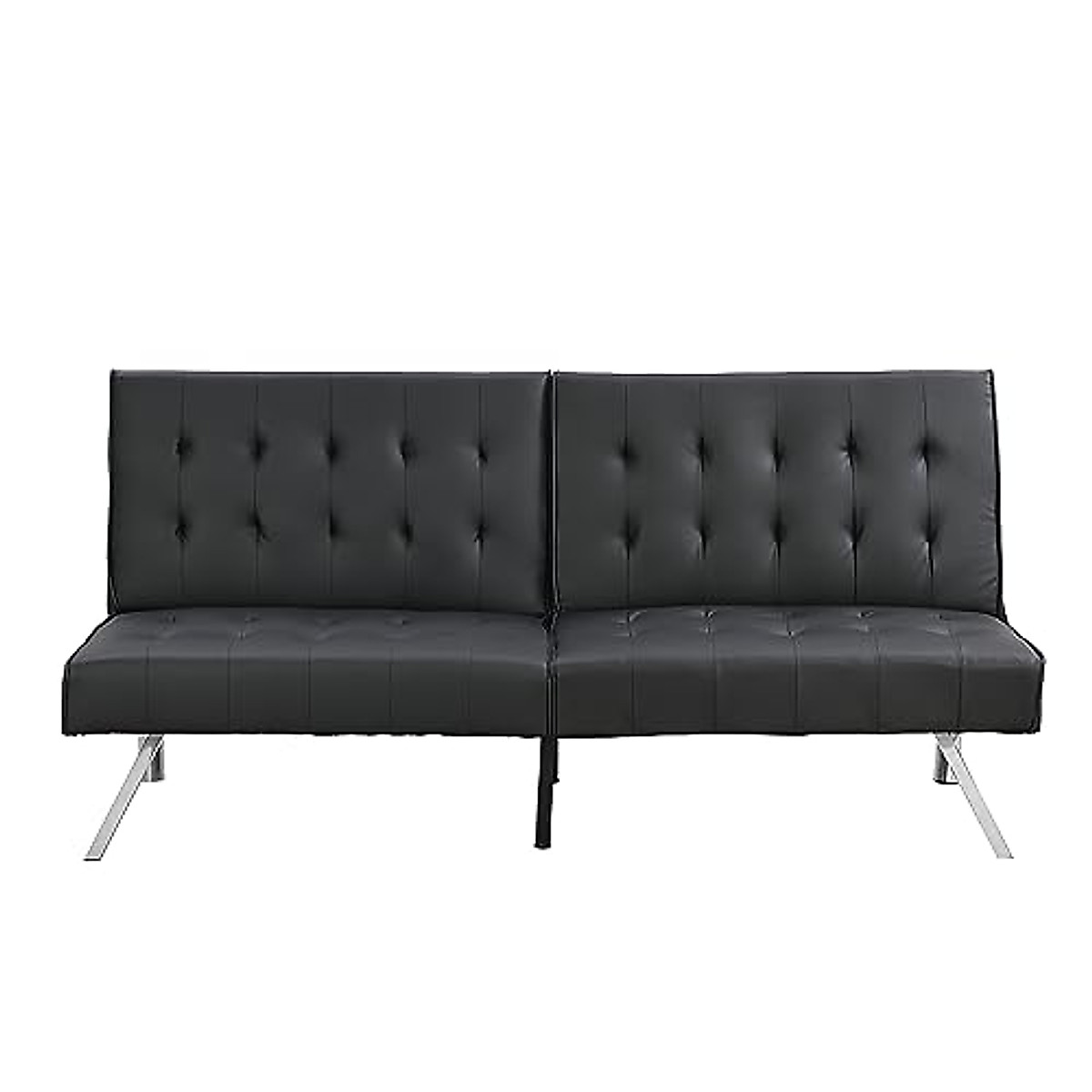 Penifun Convertible Folding Futon Sofa Bed Sleeper Couch for Living Room PU Leather Upholstered Loveseat, Solid Wood Frame/Stainless Leg, Black