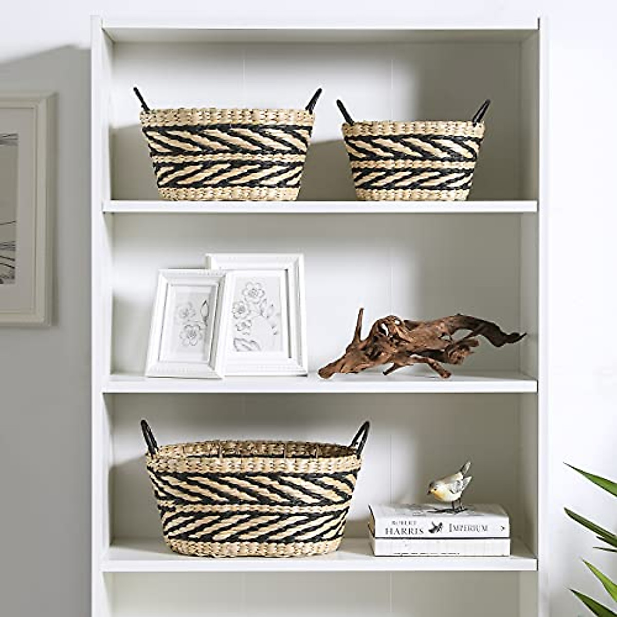 Motifeur Water Hyacinth and Paper Handwoven Basket (Assorted Set of 3, Beige and Black)