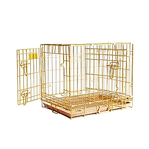 HOMEY PET Gold Color Folding Design Dog Crate Puppy Kennel with Removable Floor Grid and Pull Out Tray