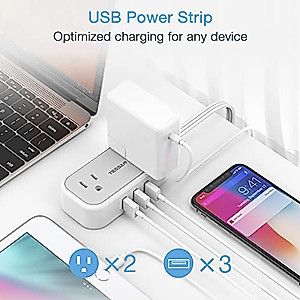 Flat Plug Extension Cord with 3 USB Ports, TESSAN Ultra Thin Power Strip with 2 AC Outlets Cruise Ship Essentials, Small 5 ft Low Profile Outlet Concealer for Travel Office School Dorm Room Essentials