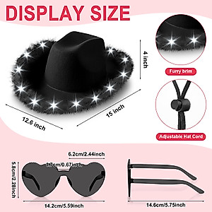 Zhanmai 6 Pieces Cowgirl Light up Hat with Feather Boa, 6 Pieces Heart Sunglasses Set for Girls Bachelorette Costume Party(Black)