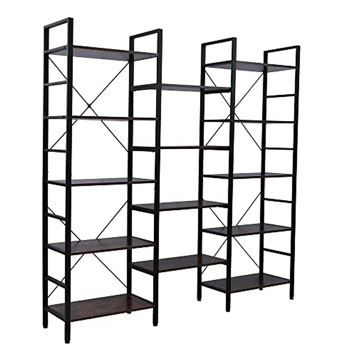 XMLYEC Triple Wide 5-Shelf Bookcase, Etagere Large Open Bookshelf Vintage Industrial Style Shelves Wood and Metal bookcases Furniture for Home & Office (Retro Brown)