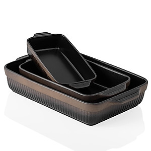 Kanwone Ceramic Baking Dishes, Rectangular Lasagna Pans, Casserole Dishes, Bakeware Set for Cooking, Kitchen, Cake Dinner, 9 x 13 Inches, Stripe Series - Reactive Glazed (Matte Black)