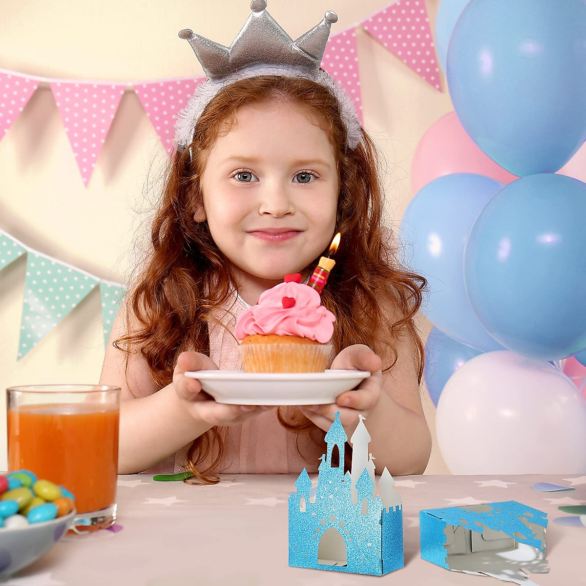 20 Pieces Princess Birthday Party Decorations Blue Castle Boxes Glitter Party Favor Popcorn Boxes Princess Castle Table Centerpiece Bridal Party Decorations for Girls, 3.5 x 2 x 5.9 Inch