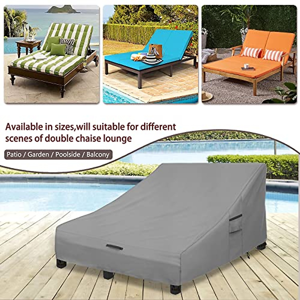 Okcool 100% Waterproof Patio Double Wide Chaise Lounge Chair Cover, 600D Tough Canvas 80 Inch Outdoor Chaise Lounge Covers