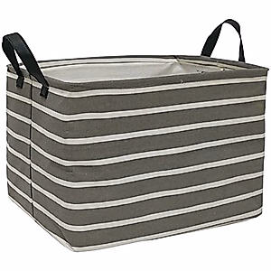 HUAYEE Rectangular Storage Bin Shelf Basket Canvas Fabric Toy Box,Waterproof Coating Nursery Hamper with Handles,Gift Basket for Home,Office,ClothesBooks(REC Gray stripe)