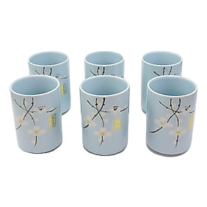 Ebros Gift Pack Of 6 Japanese Sakura Cherry Blossom Floral Branches Pastel Sky Blue Porcelain 10oz Tea Cup Set Teacups Home Kitchen Restaurant Decorative Accent