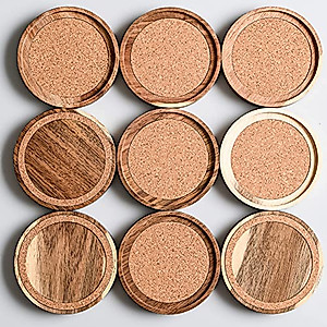 Acacia Wood Coasters for Drinks, 4.13 Inch, Set of 6, Absorbent and Insulation Cork Stackable Cup Holders, Rustic Coasters for Wooden Table, Designed by S1EGAN