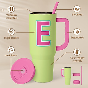 SANDJEST Monogrammed Tumbler with Handle 40oz, Letter E Tumblers Coffee Travel Cup with Straw, Personalized Monogram Initial Gifts for Women Girls, Customized Gifts for Christmas Birthday Mothers Day