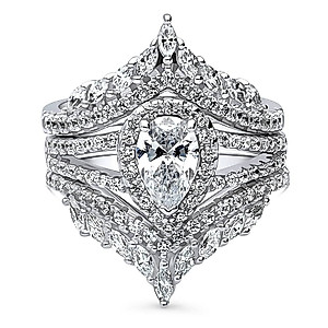 BERRICLE Sterling Silver Halo Wedding Engagement Rings Pear Cut Cubic Zirconia CZ Split Shank Ring Set for Women, Rhodium Plated Size 8