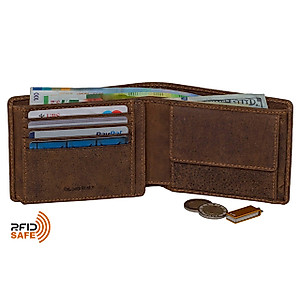 DiLoro Mens Buffalo Leather Wallet Bifold Flip ID Section Coin RFID Protection Full Grain Credit Card Holder Purse (Dark Hunter Brown)