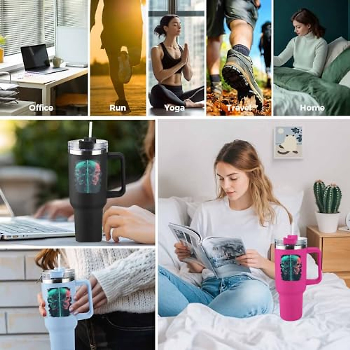 LB LEOBON 40 ounce insulated cup with handle, double-layer vacuum stainless steel material, equipped with straw, can keep warm or maintain cold drinks Neone Poppe Skeletons 2 Deep purple