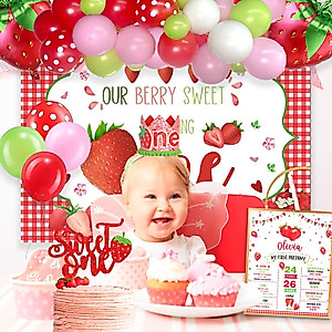 Hombae Strawberry 1st Birthday Party Decorations, Berry Sweet One Berry First Birthday Party Decorations Backdrop Balloon Garland Glitter High Chair Banner Boxes Crown Poster Pink White Red