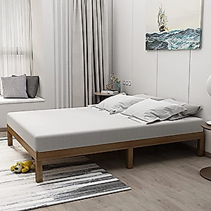 JULYFOX Rubber Wood Bed Frame Queen Size, 12 inch Solid Wood Platform Bed Queen Size 650 lbs Heavy Duty No Headboard No Box Spring Needed,(Natural,Queen Size)