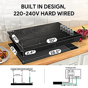 TTHOB Electric Cooktop 30 Inch, 4 Burners Built-in Radiant Electric Stove Top 220-240V 7700W, 9 Heating Level, Timer, Child Lock, Residual Heat Indicator, Pause Key, Knob Control, Hard Wired, No Plug