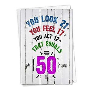 NobleWorks - 50th Funny Milestone Birthday for Men and Women, Celebrate and Congrats Notecard with Envelope - Age Equation 50 Birthday C7195MBG