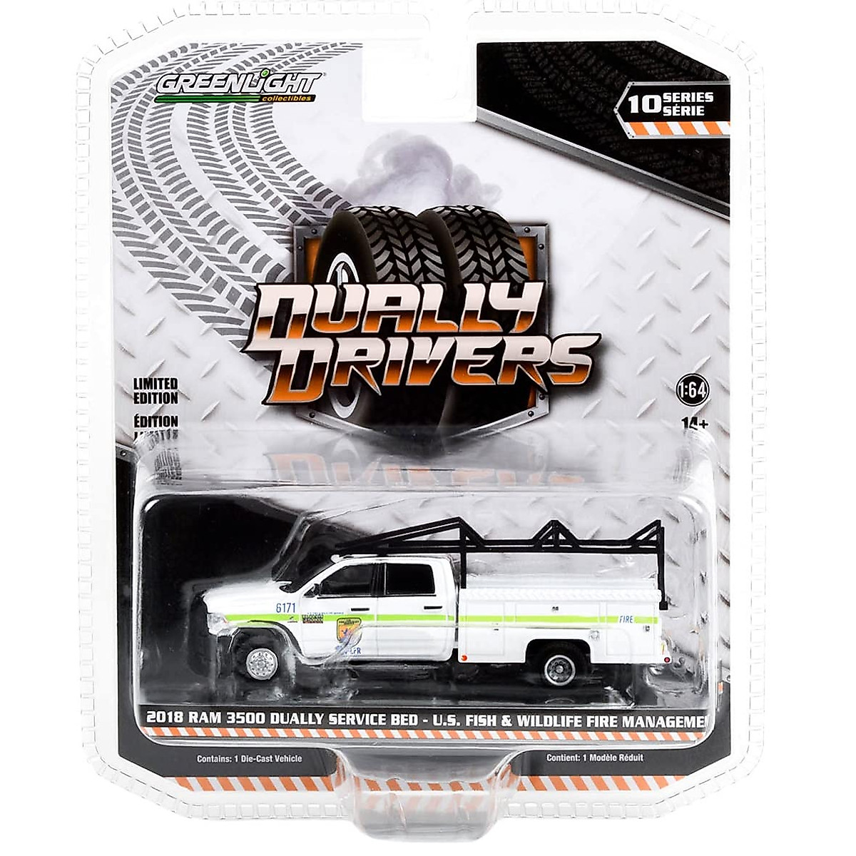Greenlight 46100-E Dually Drivers Series 10 - 2018 Ram 3500 Dually Service Bed - San Diego County Fire Department - U.S. Fish & Wildlife Fire Management 1:64 Scale Diecast