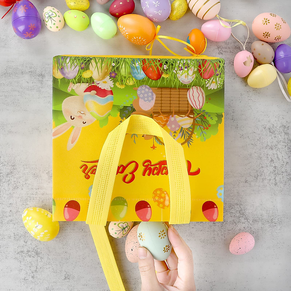 Colovis 12PCS Easter Gift Bags, Reusable Easter Treat Bags for Kids, Non-Woven Easter Bags With Handles for Gifts Wrapping, Easter Party Favors (8.3 x 7.9 x 5.9 Inches)