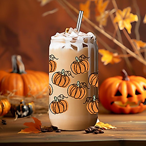 LEADO Fall Pumpkin Cup, Halloween Iced Coffee Cup, 16 oz Aesthetic Cute Glass Cups with Lids and Straws, Thanksgiving Tumbler Mug - Fall Gifts, Halloween Boo Basket Gifts for Women, Her, Adult