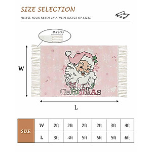 Runner Rug for Hallway 2x6ft, Merry Christmas Cute Pink Santa Washable Runner Rugs with Tassels Woven Floor Carpet Runners for Hallways Kitchen Laundry Entryway