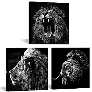 Kreative Arts - 3 Panels Lion King Black and White Canvas Prints Wall Art Modern Painting Wall Pictures for Living Room Office Decoration Ready to Hang (12x12inchx3pcs/set)