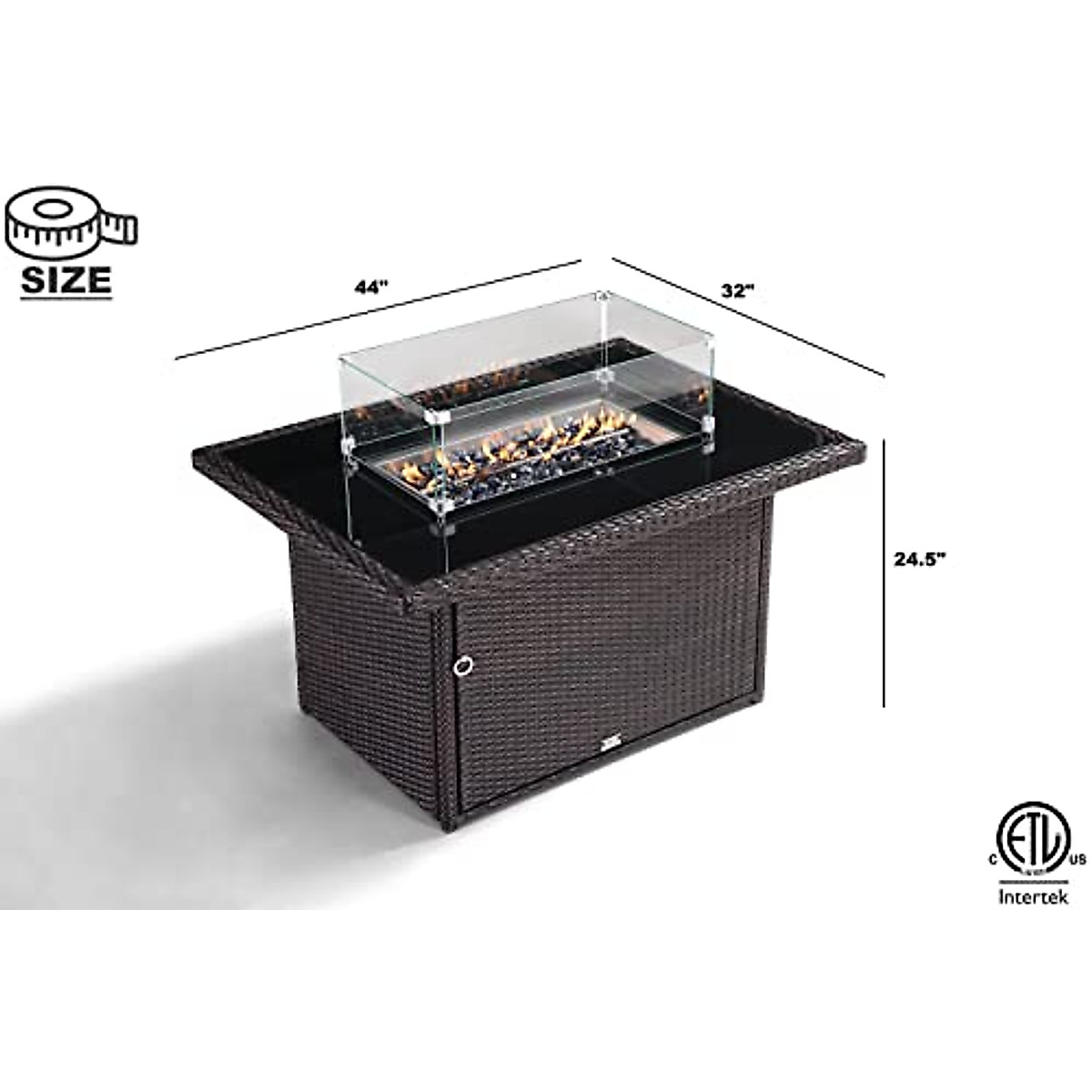 OAKVILLE FURNITURE 44 in Propane Fire Pit Table, 50000 BTU Rectangular Outdoor Gas Fire Pit, Brown Wicker Aluminum Tabletop in Tempered Fire Glass for Outside Patio Garden, Backyard