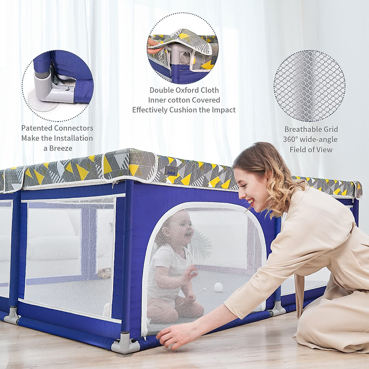 Anbel Baby Playpen with Mat, Extra Large Playyard, Playpen for Babies and Toddlers, Indoor and Outdoor Kids 71x59 Inches Playpen with Breathable Mesh, Blue