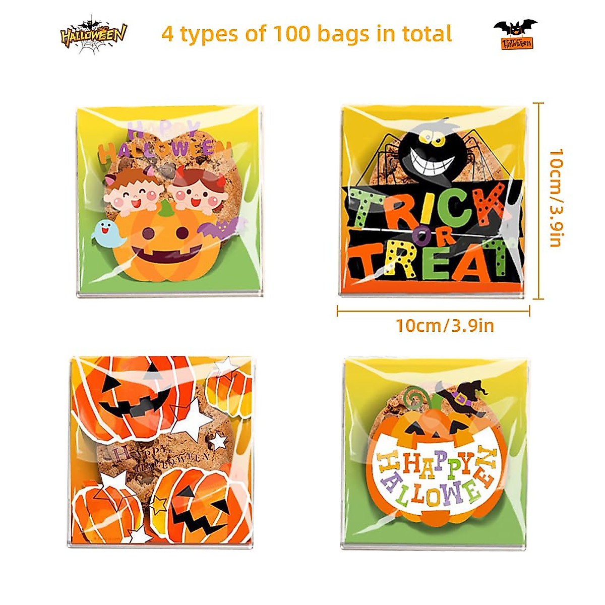 100 PCS Small Halloween Cellophane Treat Bags,Halloween Clear Self Adhesive Candy Bags,Halloween Plastic Cookie Bags for Trick or Treat, Halloween Goodie Bags for Party Favor Supplies