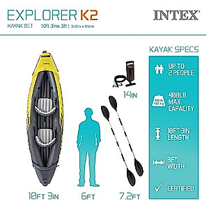 INTEX 68307EP Explorer K2 Inflatable Kayak Set: Includes Deluxe 86in Aluminum Oars and High-Output Pump – SuperStrong PVC – Adjustable Seats with Backrest – 2-Person – 400lb Weight Capacity