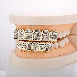 JINAO Gold Grill 14K Gold Plated Iced Out Teeth Grillz Top Bottom Tooth Caps Hip Hop Bling New Gold Shiny Fake Grills for Men Women (Gold)
