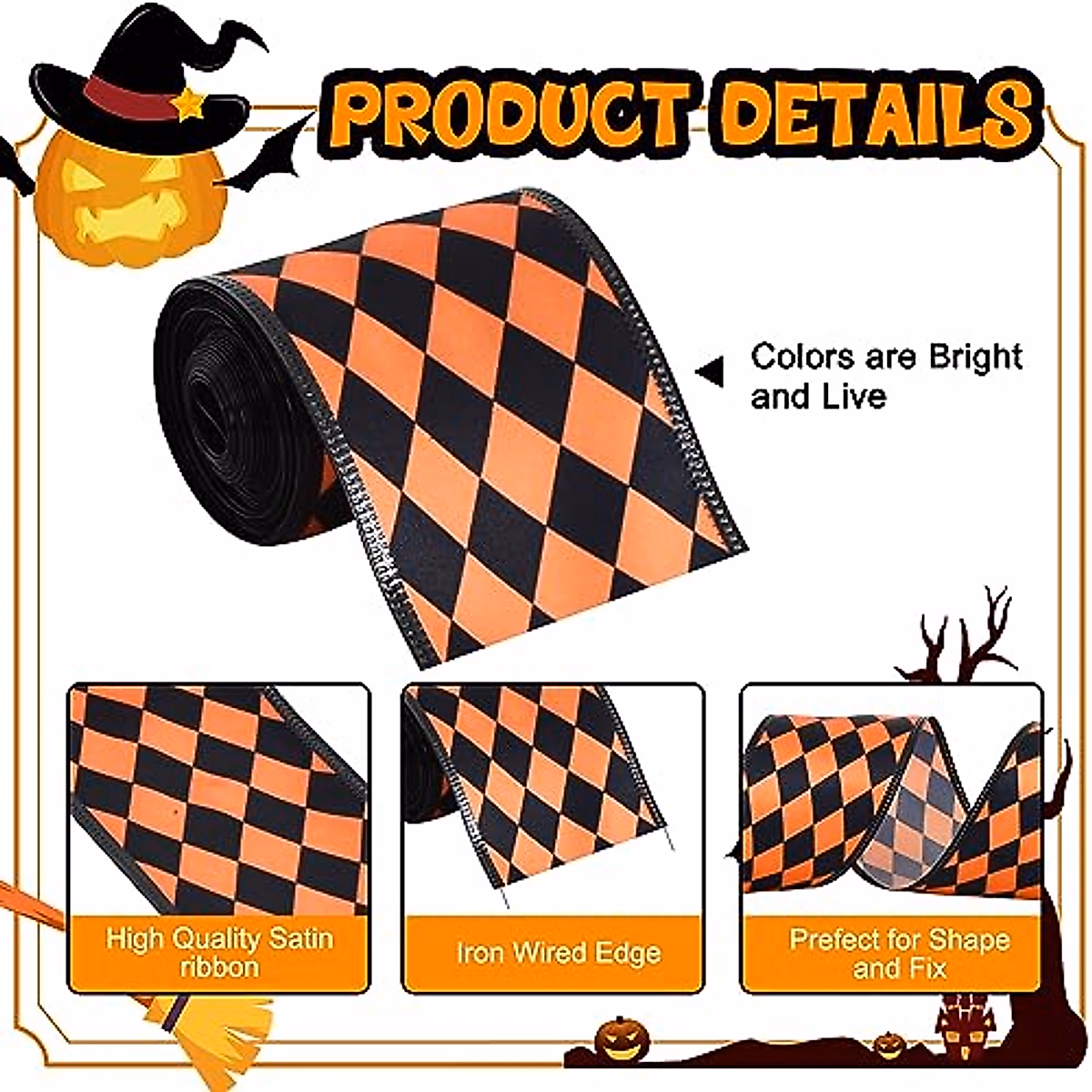 TONIFUL 2.5 Inch Orange Black Diamond Plaid Satin Ribbon Wired Edge Ribbon Thanksgiving Fall Halloween Christmas Wired Ribbon for Crafts Gift Tree Topper Wreath Bows Outdoor Indoor Decorations 6yds