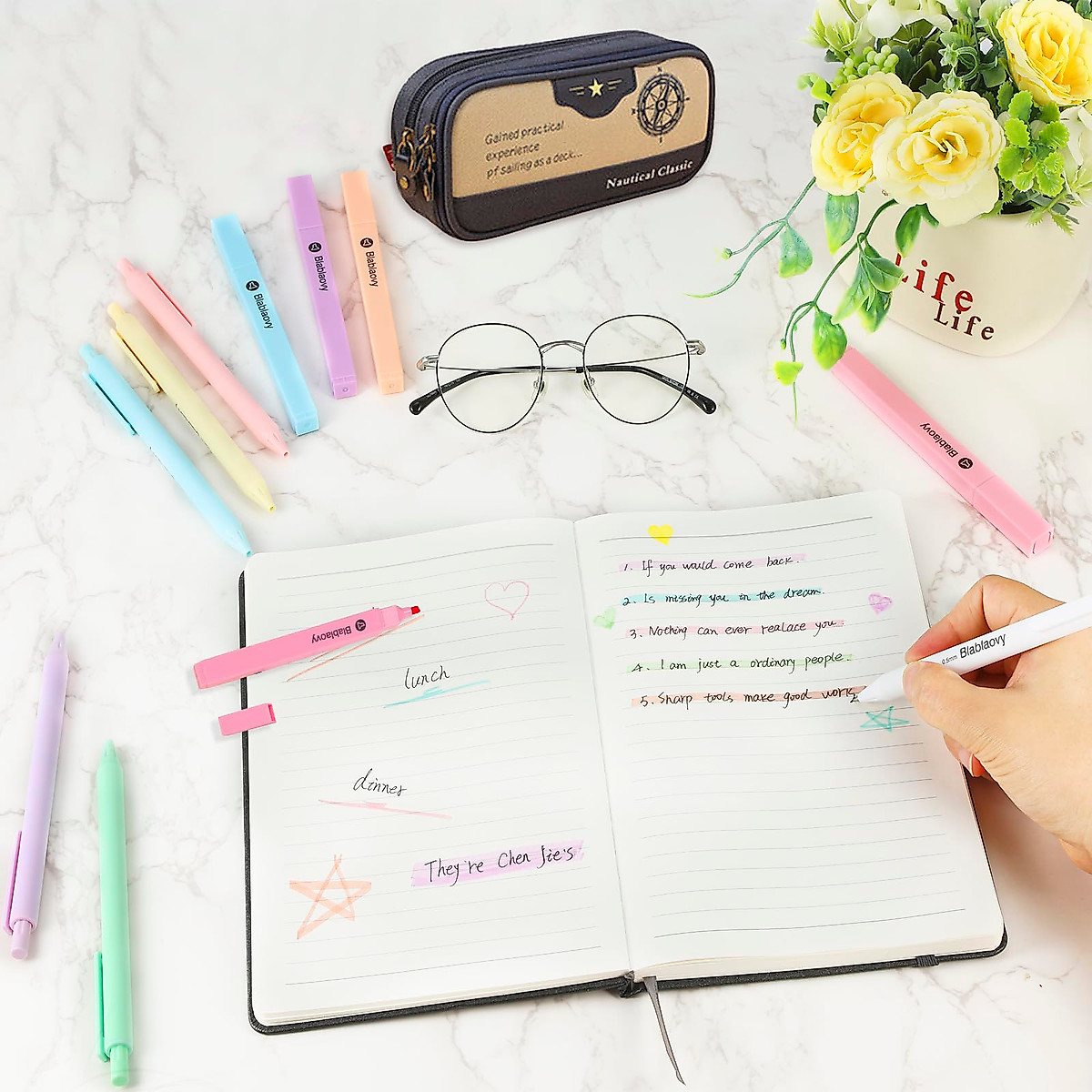 Bible Highlighters and Pens No Bleed, 12 Pcs Pastel Highlighter Set and Ballpens (Black Ink), No Bleed Highlighters for Bibles Study Journaling School Office Supplies, Aesthetic Highlighters