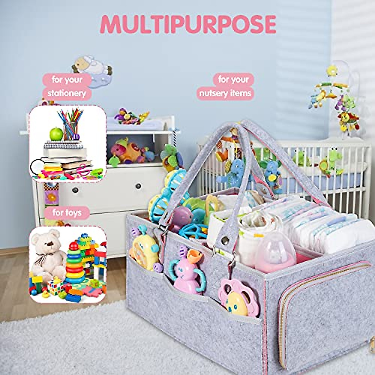 Sawpy Baby Diaper Caddy Organizer, Portable Baby Diaper Storage Basket for Changing Table and Car, Nursery Storage Bin for Diapers, Wipes and Toys, Baby Shower Gifts(Ship from USA)