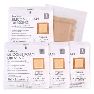 LotFancy Silicone Foam Dressing, 6"x 6" (4.3" x 4.3" Pad), 10 Count, Wound Dressing with Border, Bed Sores, Pressure Ulcers Healing Bandage Pad, Highly Absorbent, Waterproof