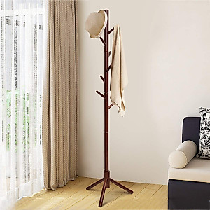 Tangkula Coat Rack Freestanding, Rubber Wood Coat Stand with 8 Hooks, Height Adjustable Entryway Coat Tree Coat Hanger Stand for Home Office Hall Entryway