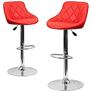 KLS14 Contemporary Bar Stool Bucket Seat Design Hydraulic Adjustable Height 360-Degree Swivel Seat Sturdy Steel Frame Chrome Base Dining Chair Bar Pub Stool Home Office Furniture - Set of 2 Red #1984